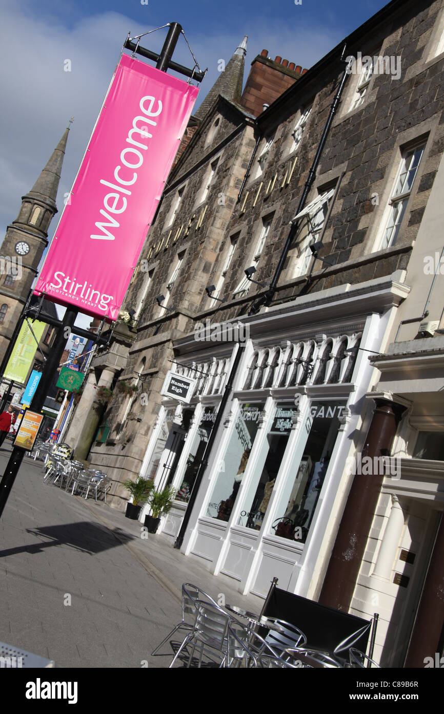 City of Stirling, Scotland. Sunny view of cafes and bars on Stirling’s ...