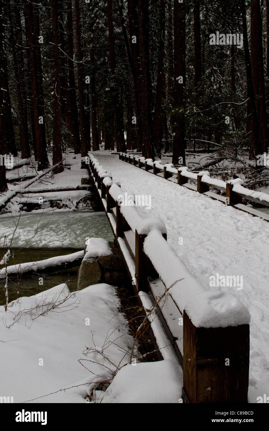 Snow covered Yosemite bridge Stock Photo - Alamy