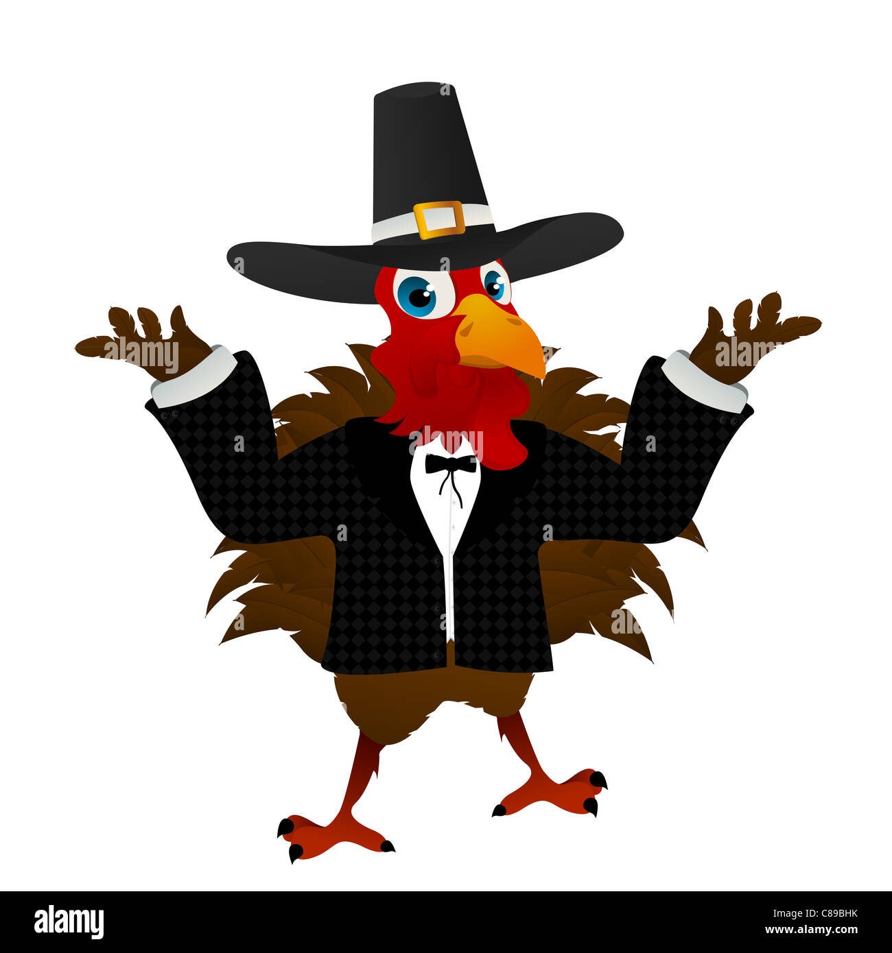A pilgrim turkey cartoon over white background. No blend or gradient ...