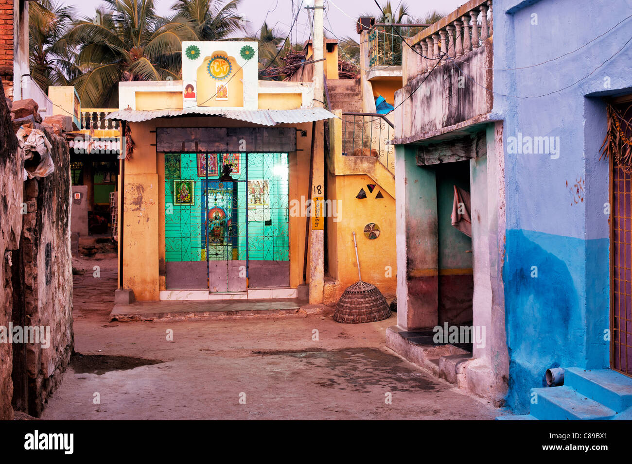 Rural South Indian village hindu temple in the early morning light ...