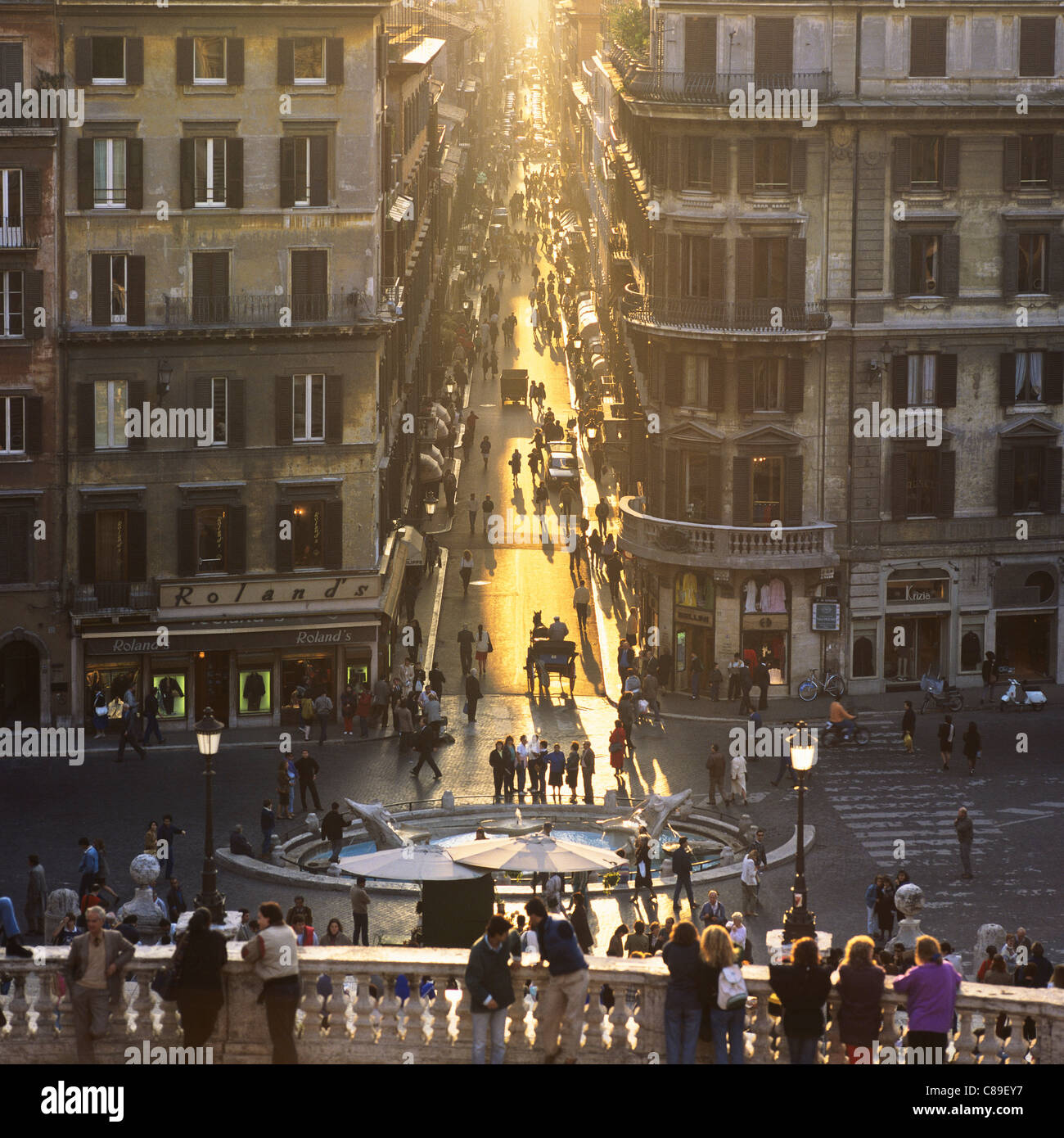 Aerial view from the Spanish Steps overlooking Piazza di Spania square ...