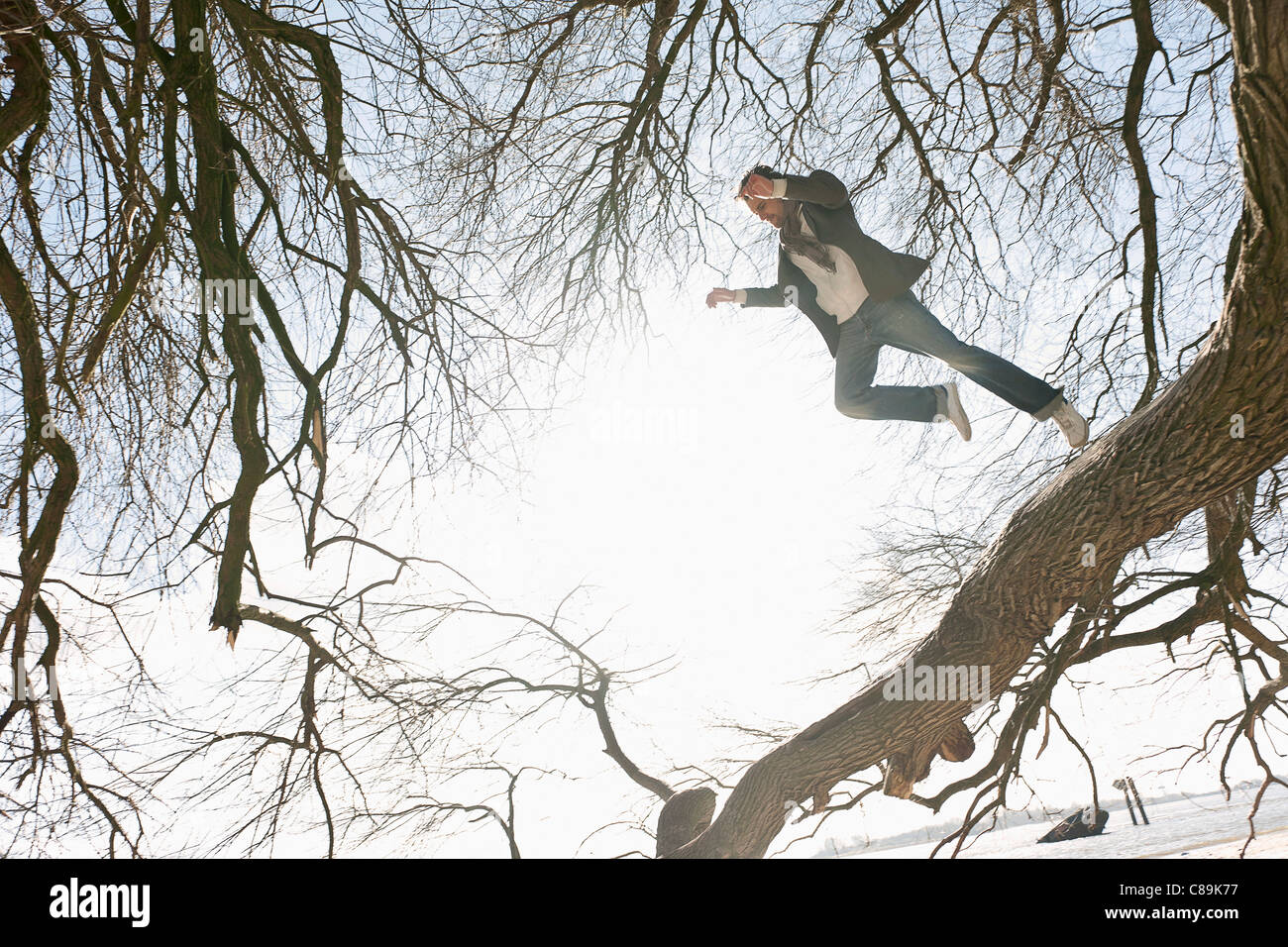 Germany, Hamburg, Man jumping from tree Stock Photo - Alamy