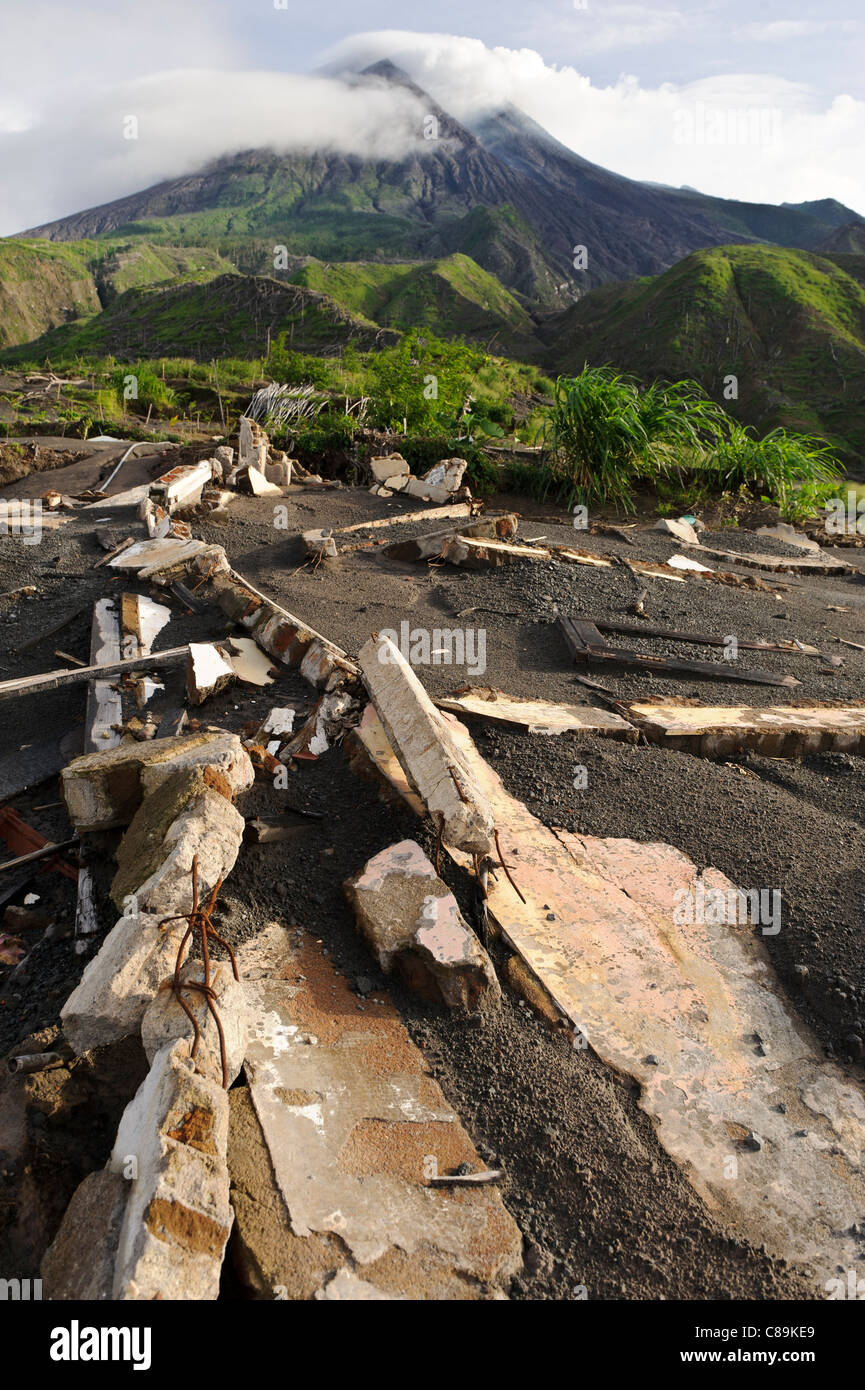 Buildings damaged by a pyroclastic flow, Gunung Merapi, Kinahrejo, Java ...