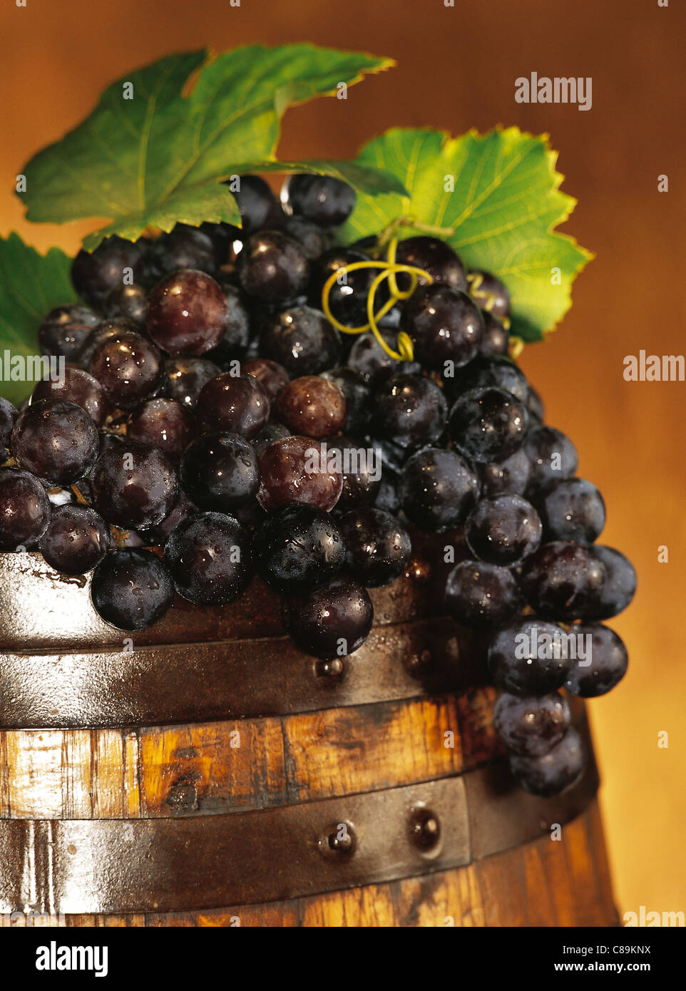 Bunch of black grapes on a barrel Stock Photo - Alamy