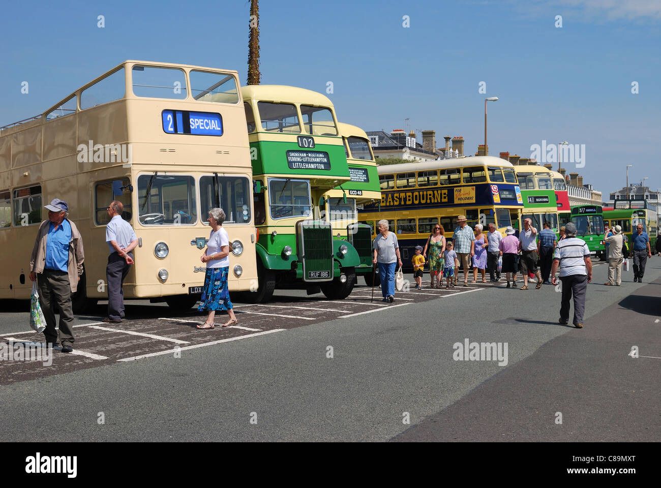 Line of double decker buses on seafront at Worthing. West Sussex ...