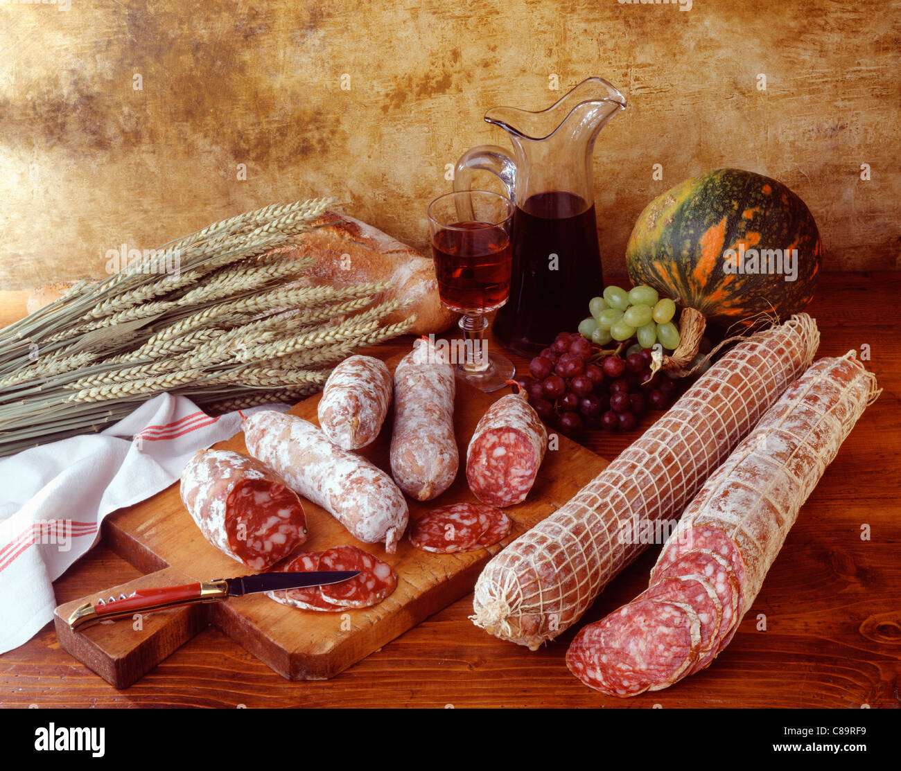 Dry saucisson sausages still life Stock Photo - Alamy