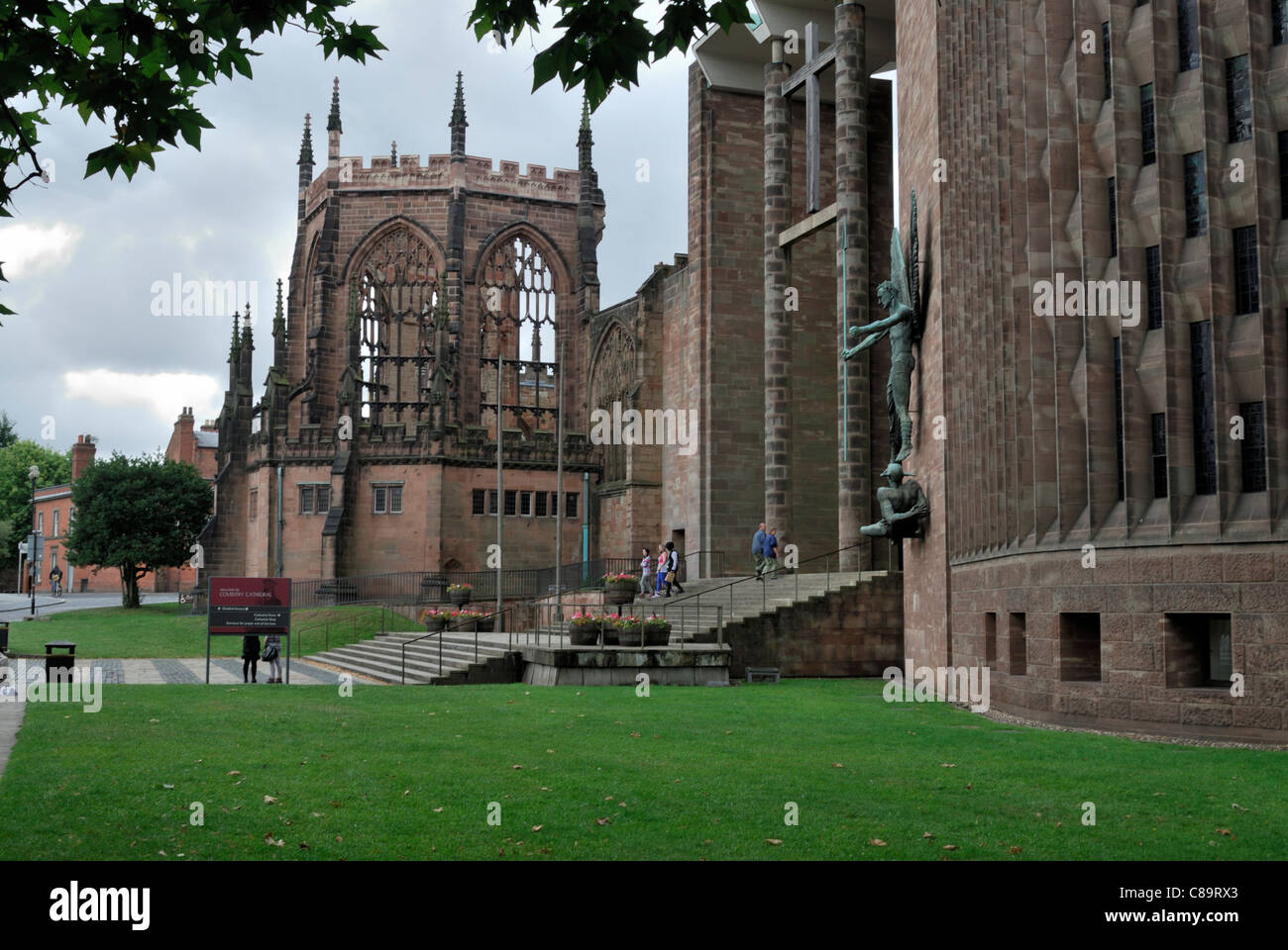 View of the NEW and OLD Cathedral with Religious Sculpture, Coventry ...