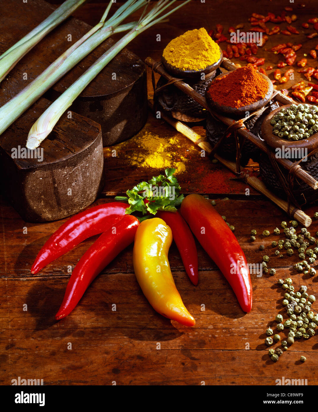 Spices and chili peppers Stock Photo - Alamy