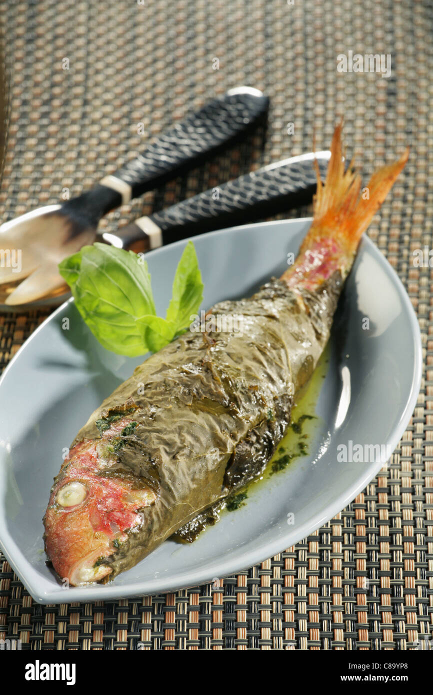 Red mullet in vine leaves Stock Photo - Alamy