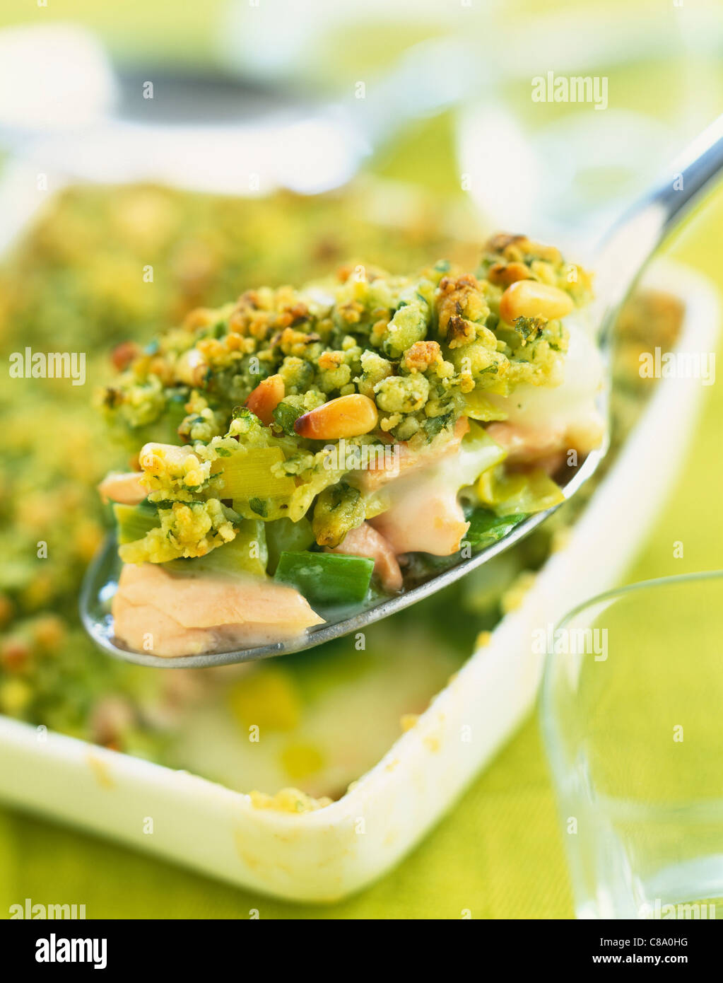 Salmon and leek savoury crumble Stock Photo - Alamy