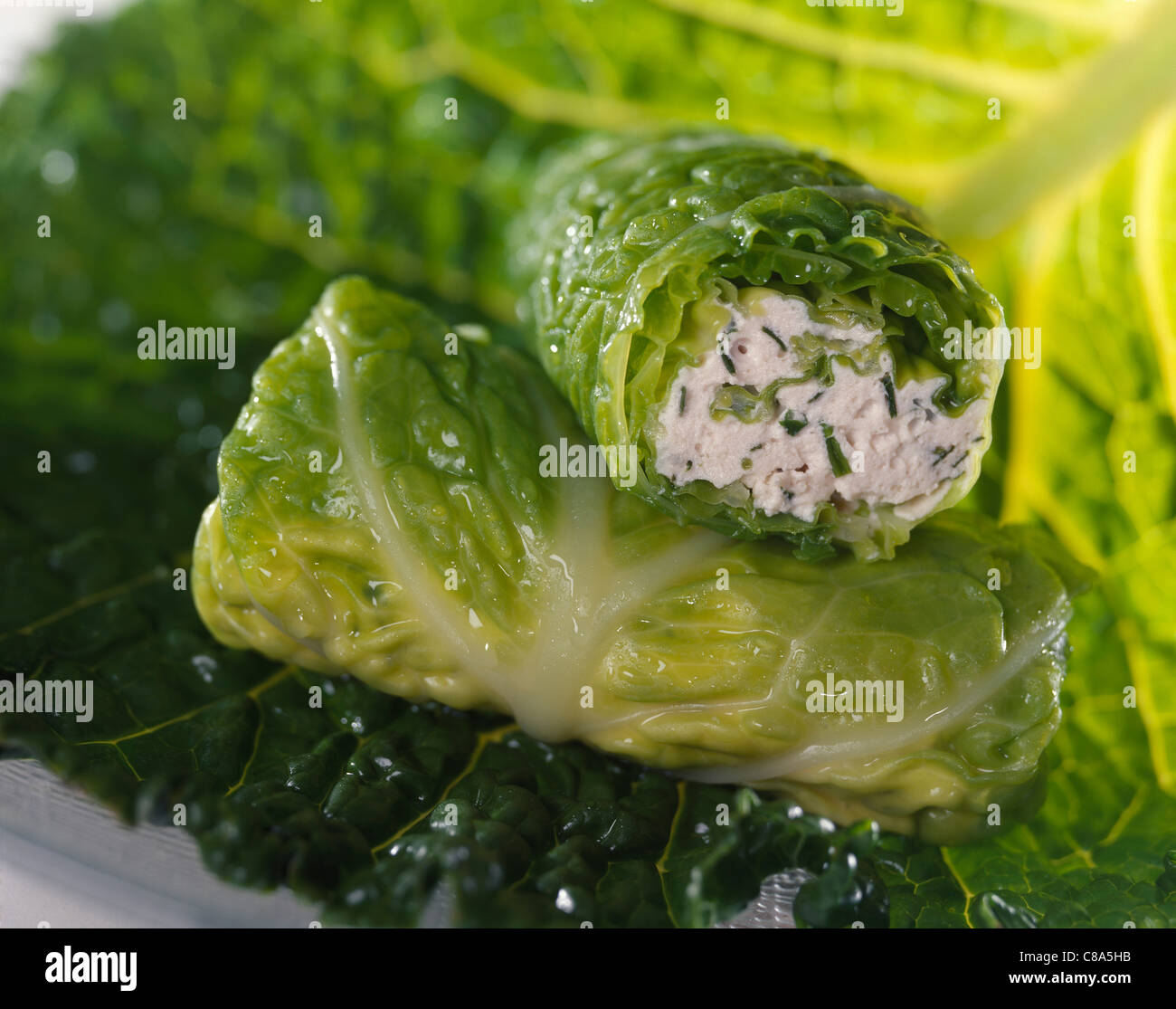 Turkey mousse and curly cabbage nems Stock Photo - Alamy