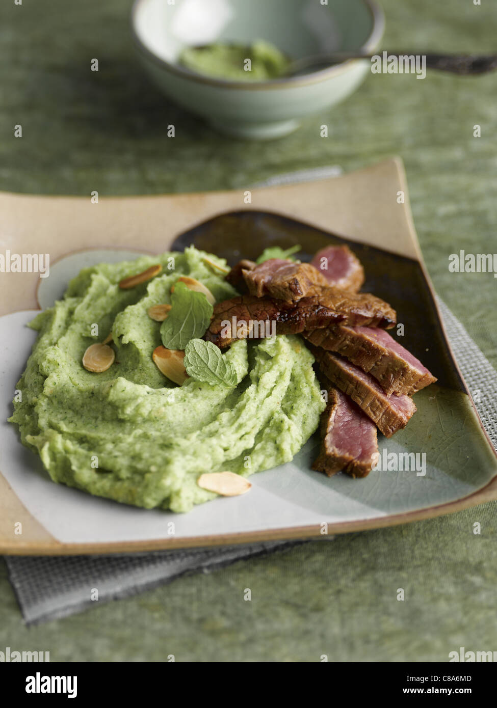 Tataki beef fillet and broccoli puree with thinly sliced almonds Stock ...
