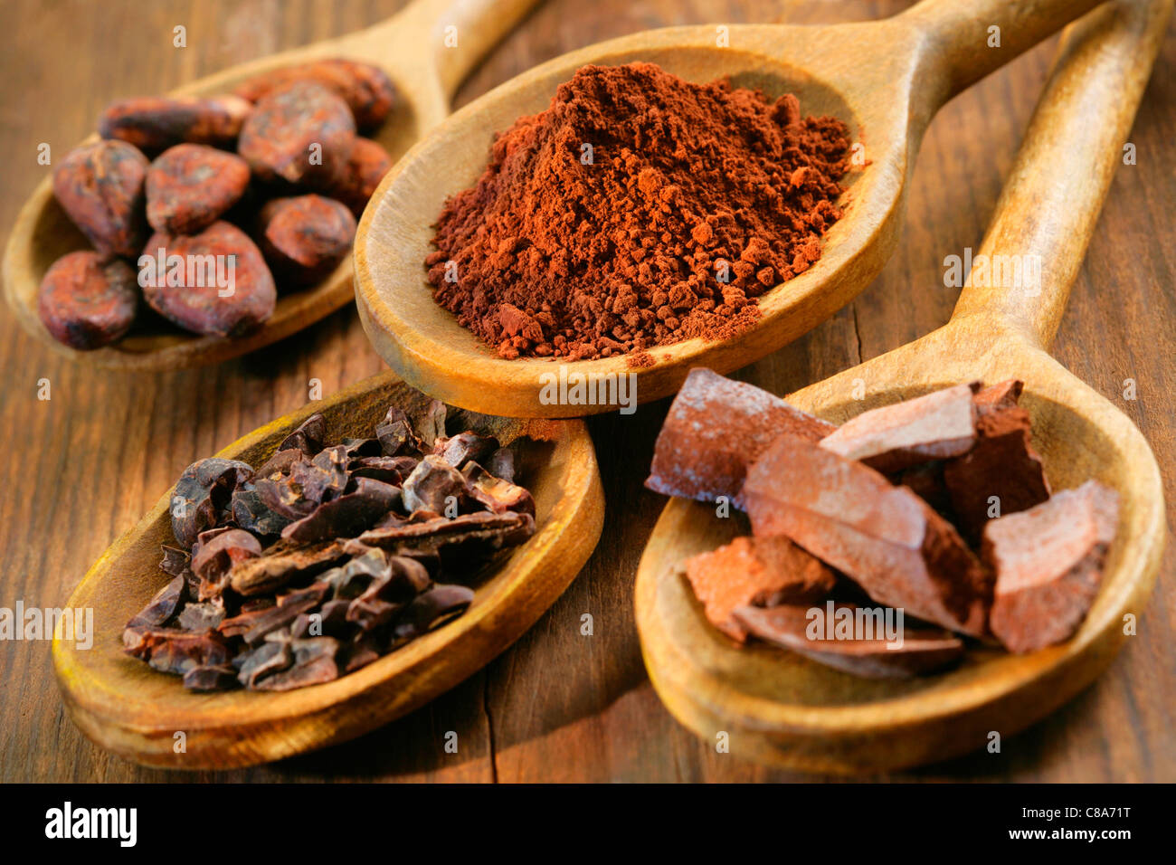 Spoonsful of different forms of cocoa Stock Photo - Alamy