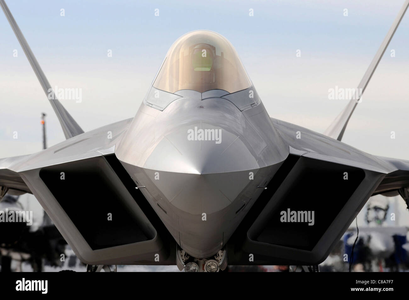 An F-22 Raptor prepares to leave the flightline at Nellis Air Force ...