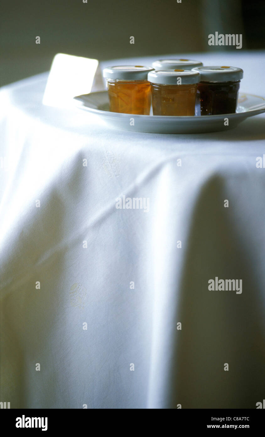 Pots of jam on table Stock Photo - Alamy