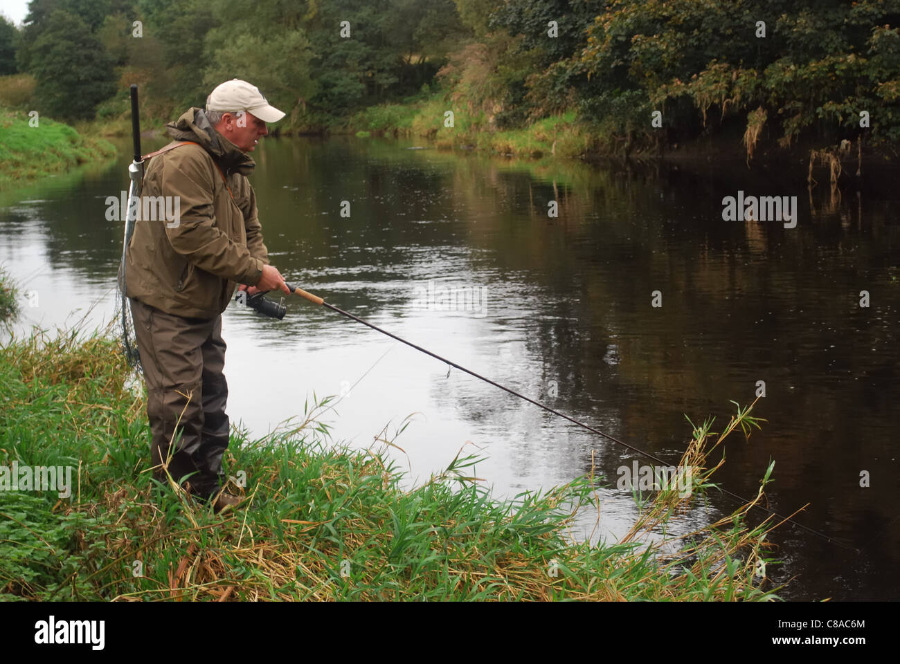 One man fishing for salmon on the River Irvine with spinning rod Stock ...