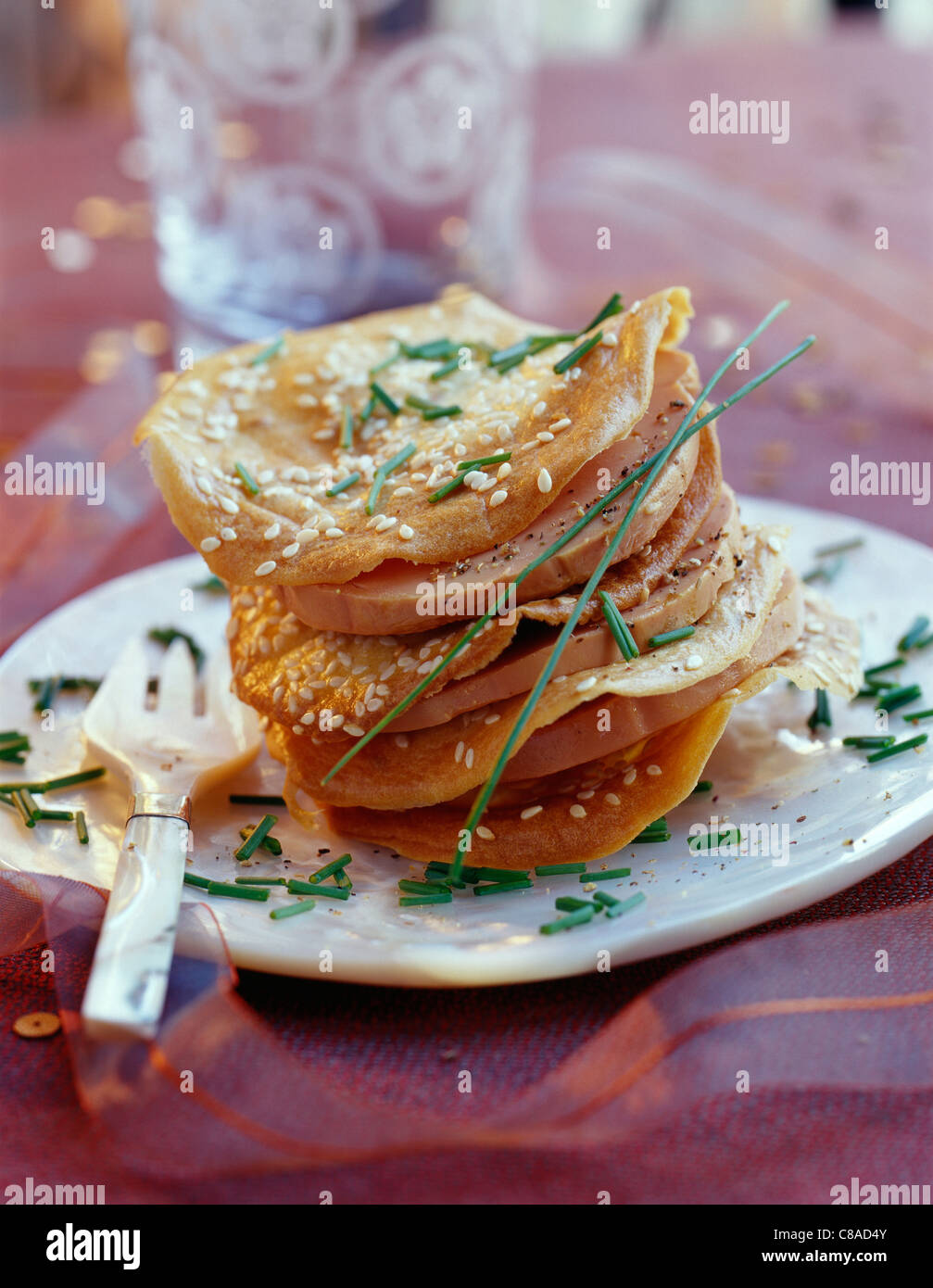 Foie gras and sesame seed galette Mille-Feuille Stock Photo - Alamy