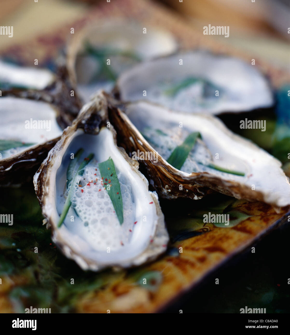 Oysters with tarragon emulsion Stock Photo - Alamy
