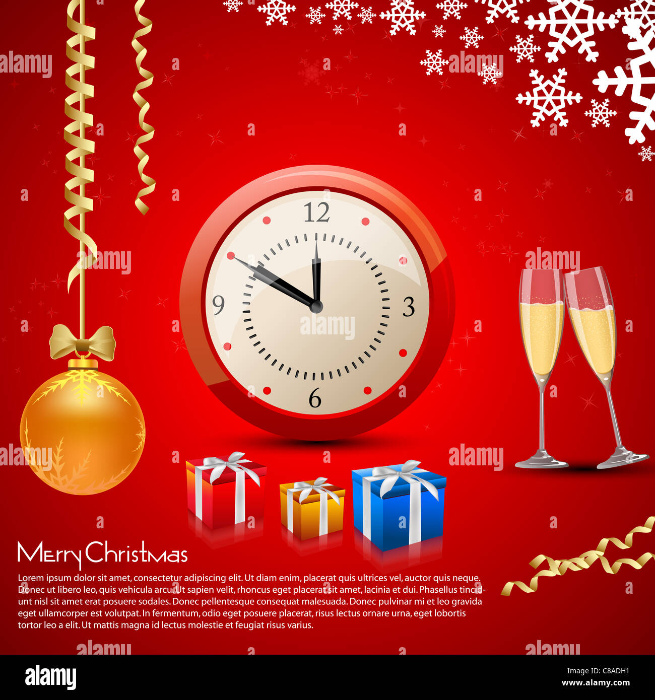illustration of christmas card with champagne,present,ball and watch ...