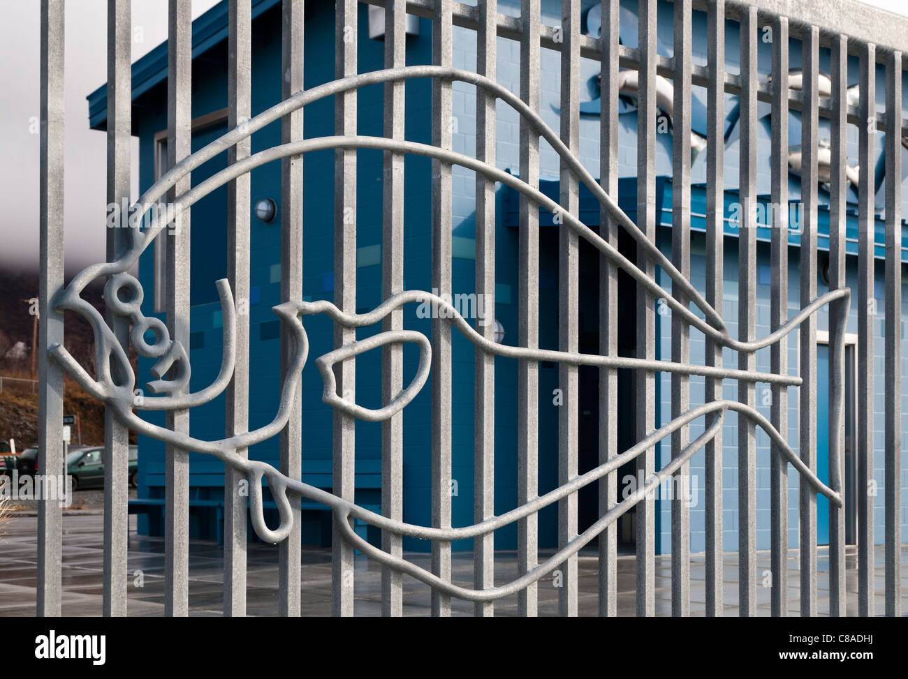 Fish art on a gate, Valdez Harbor, Valdez, Alaska Stock Photo - Alamy