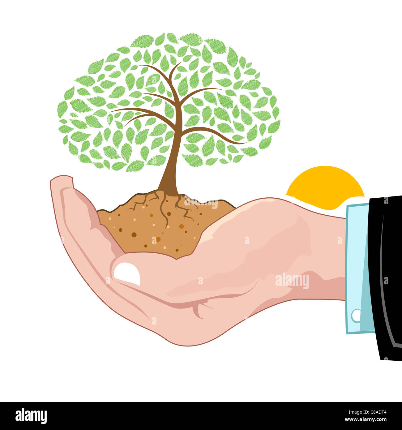 illustration of natural tree growing on hand with sun on white ...