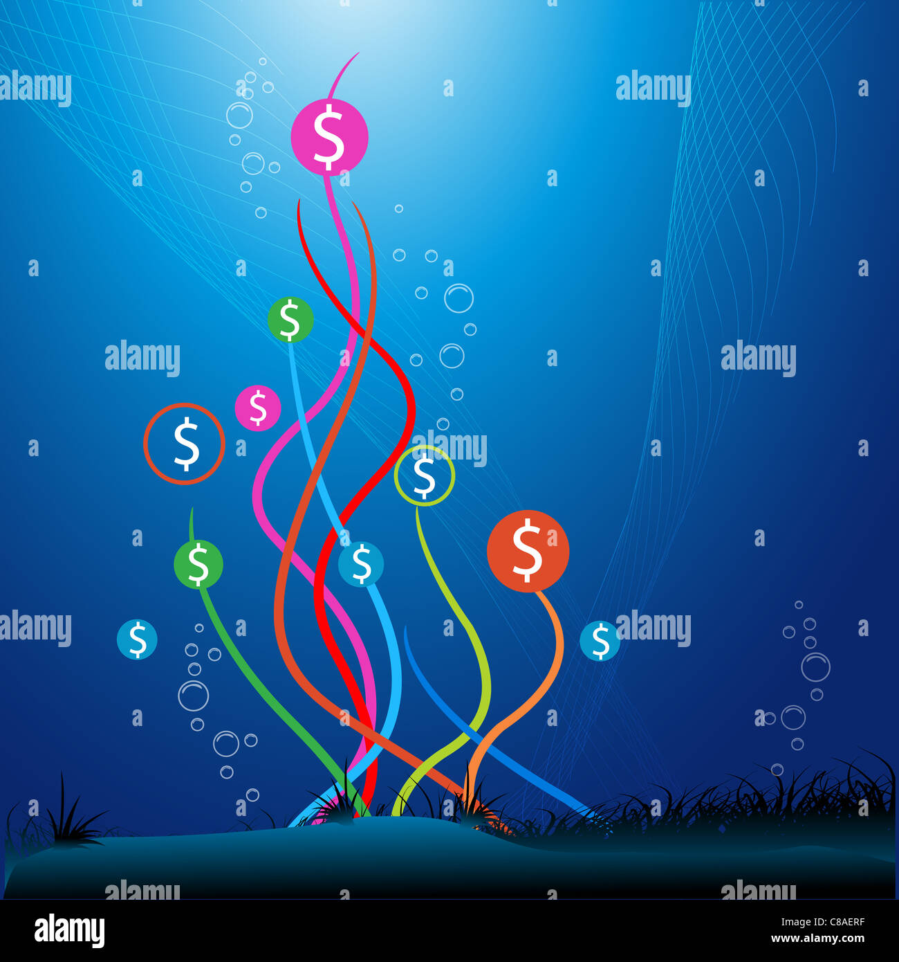illustration of colorful dollar under water Stock Photo - Alamy