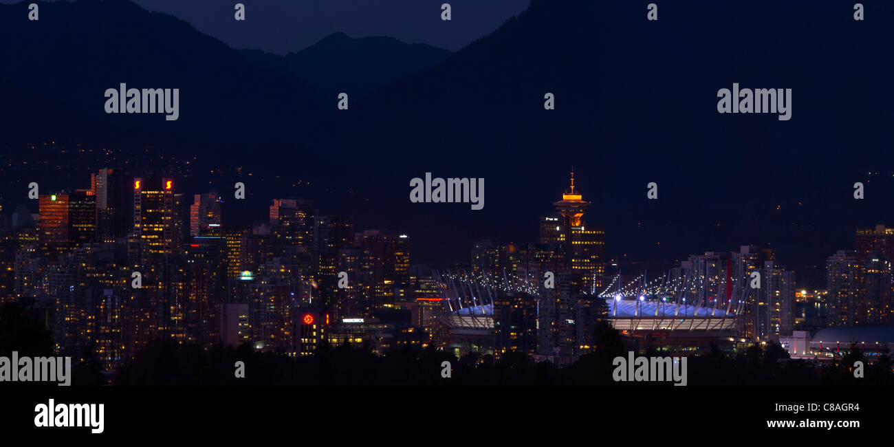 Vancouver, British Columbia cityscape at night with a new roof on BC ...