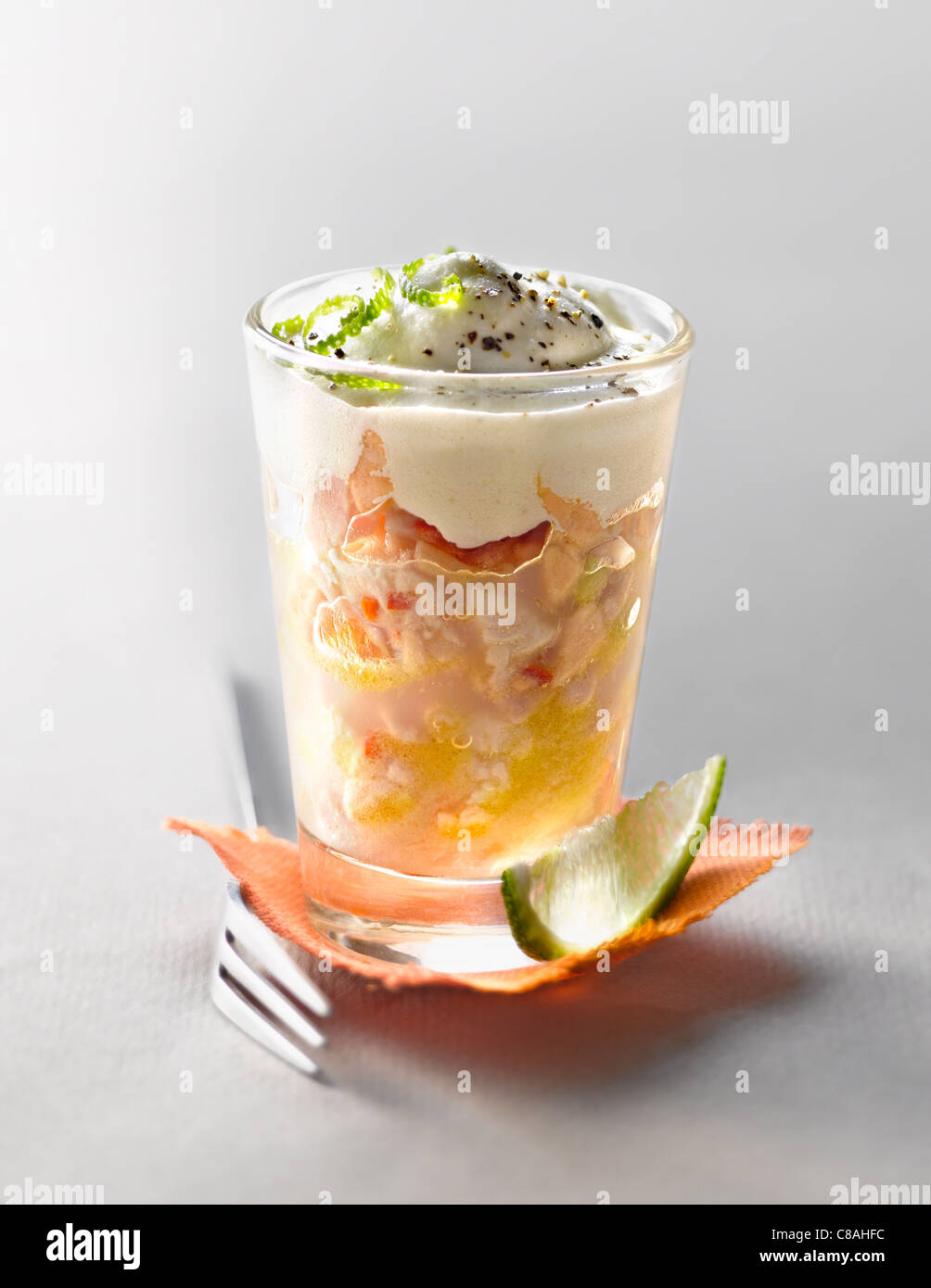 Three fish tartare with citronella,whipped cream and wasabi Verrine ...