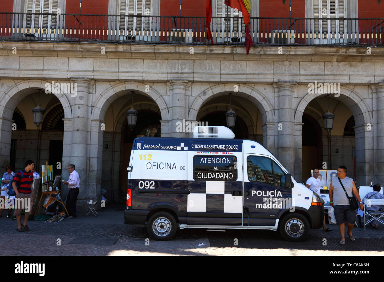Citizen's Assistance Municipal Police van in Plaza Mayor, Madrid, Spain ...