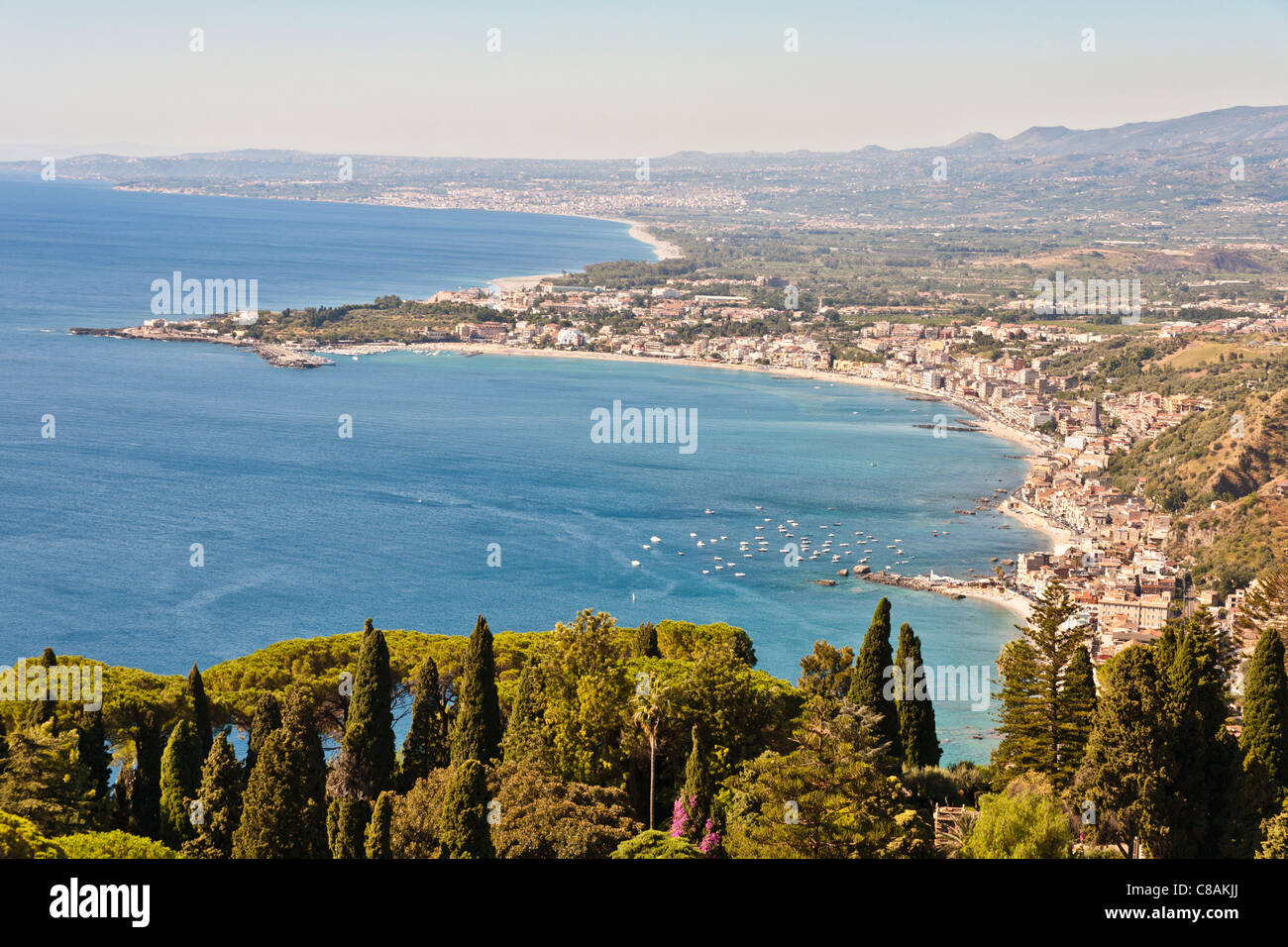 View of Giardini Naxos and Golfo Di Naxos, from Taormina, Sicily, Italy ...