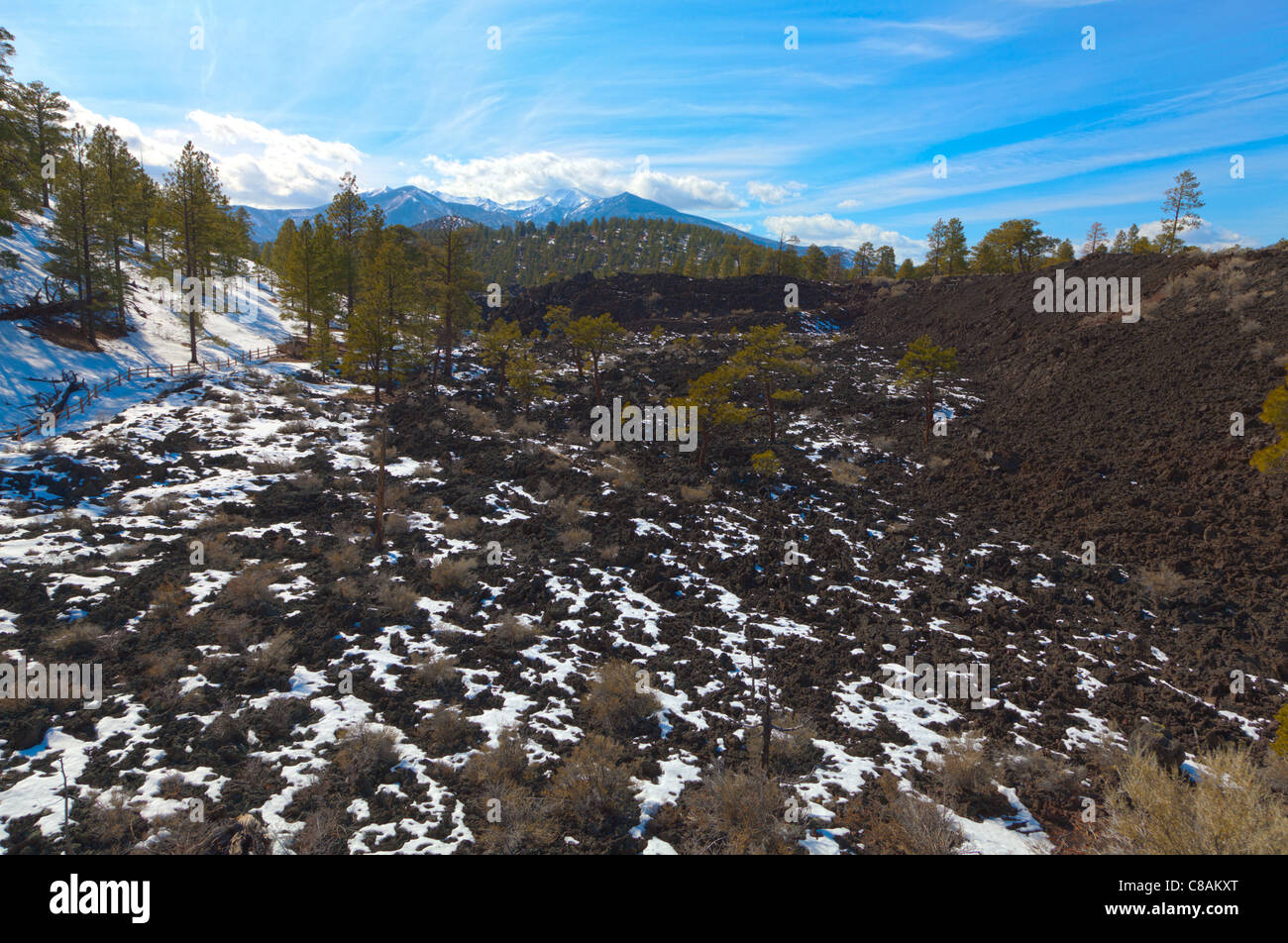 Snow on a lava field at Sunset Crater in Arizona Stock Photo - Alamy