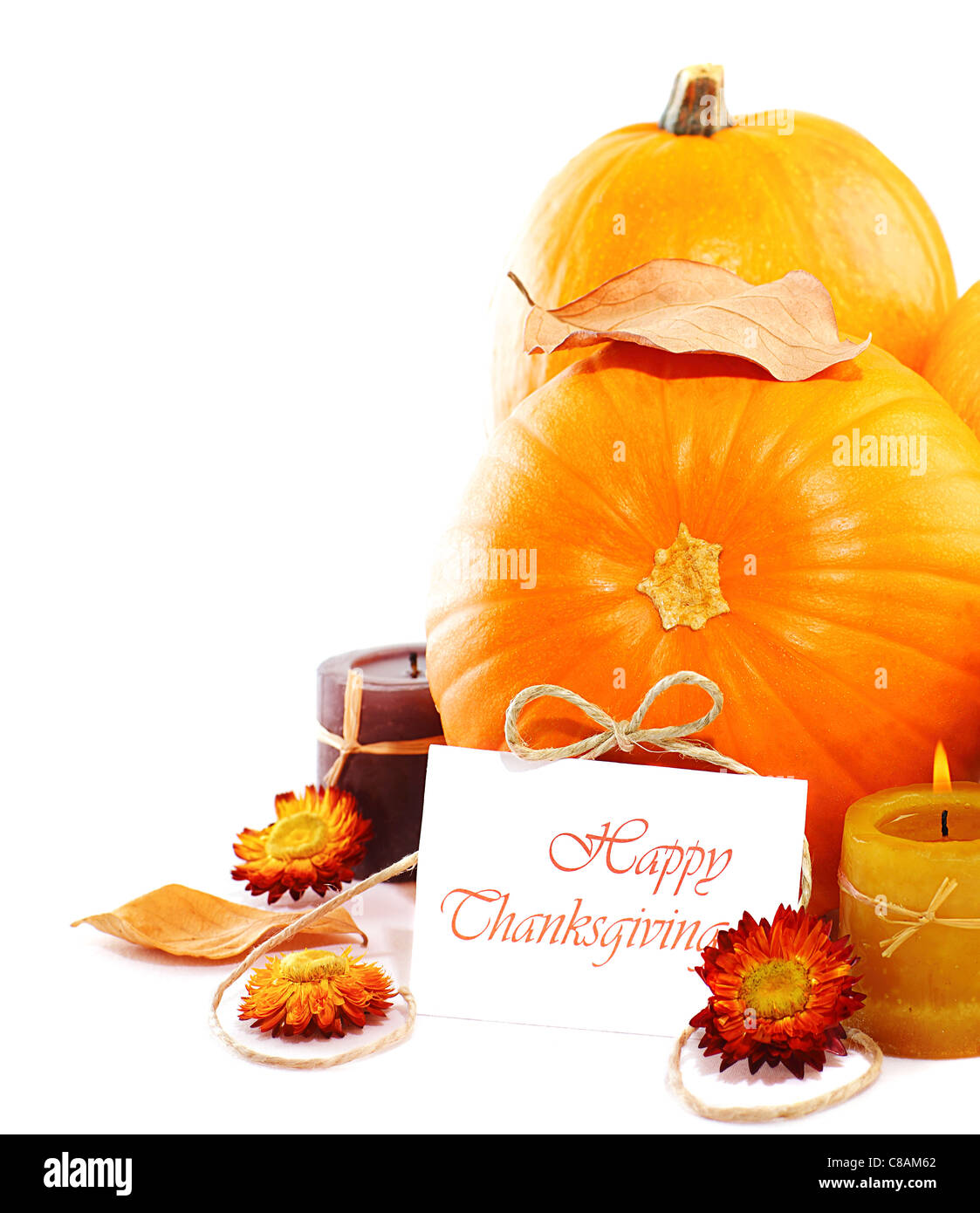 Thanksgiving holiday, pumpkin border still life decoration with candles ...