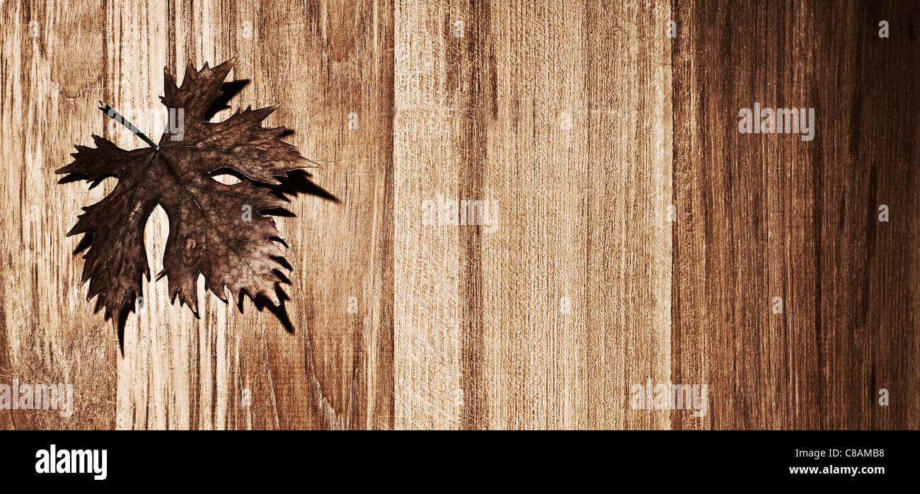 Autumn leaf border over natural wood background, old dry leaf shape ...