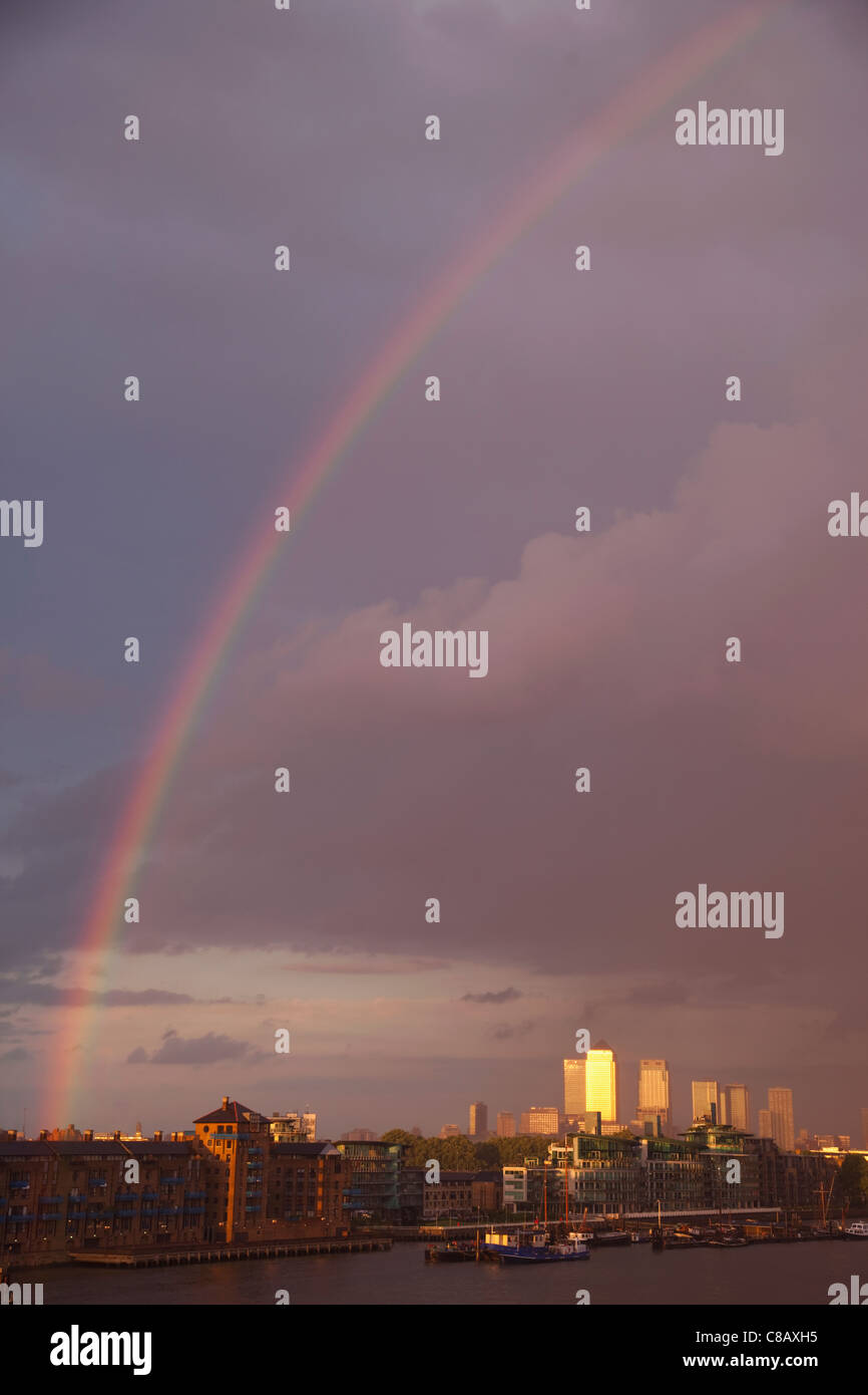 England, London, Rainbow over Docklands Skyline and River Thames Stock ...