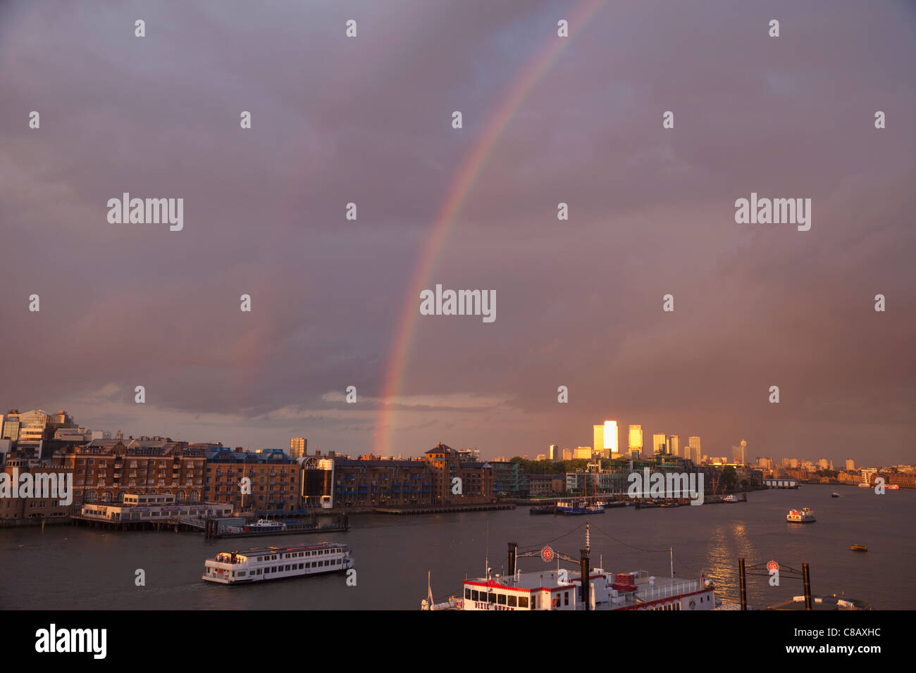 England, London, Rainbow over Docklands Skyline and River Thames Stock ...