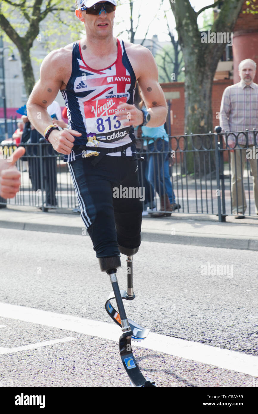 England, London, London Marathon, Disabled Runner with Artificial Legs ...