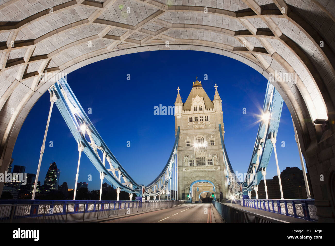 England, London, Tower Bridge illuminated at night from the tower Stock ...