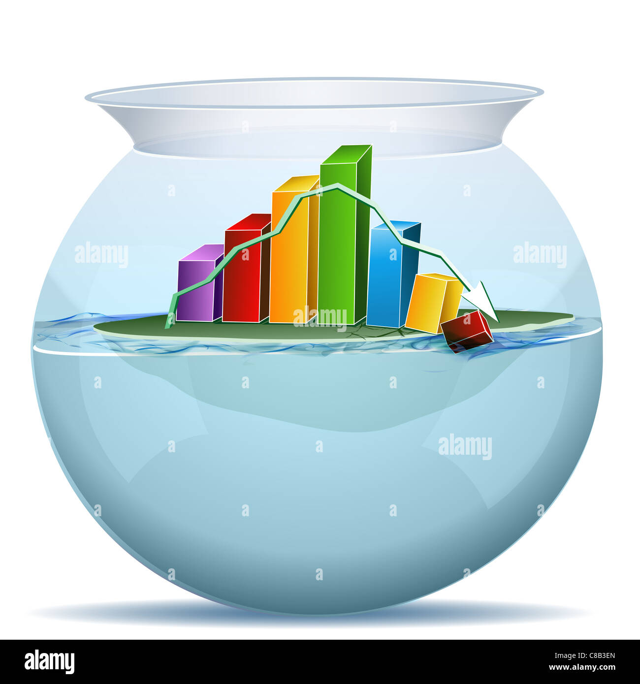 illustration of business graph crashing in water tank on white ...