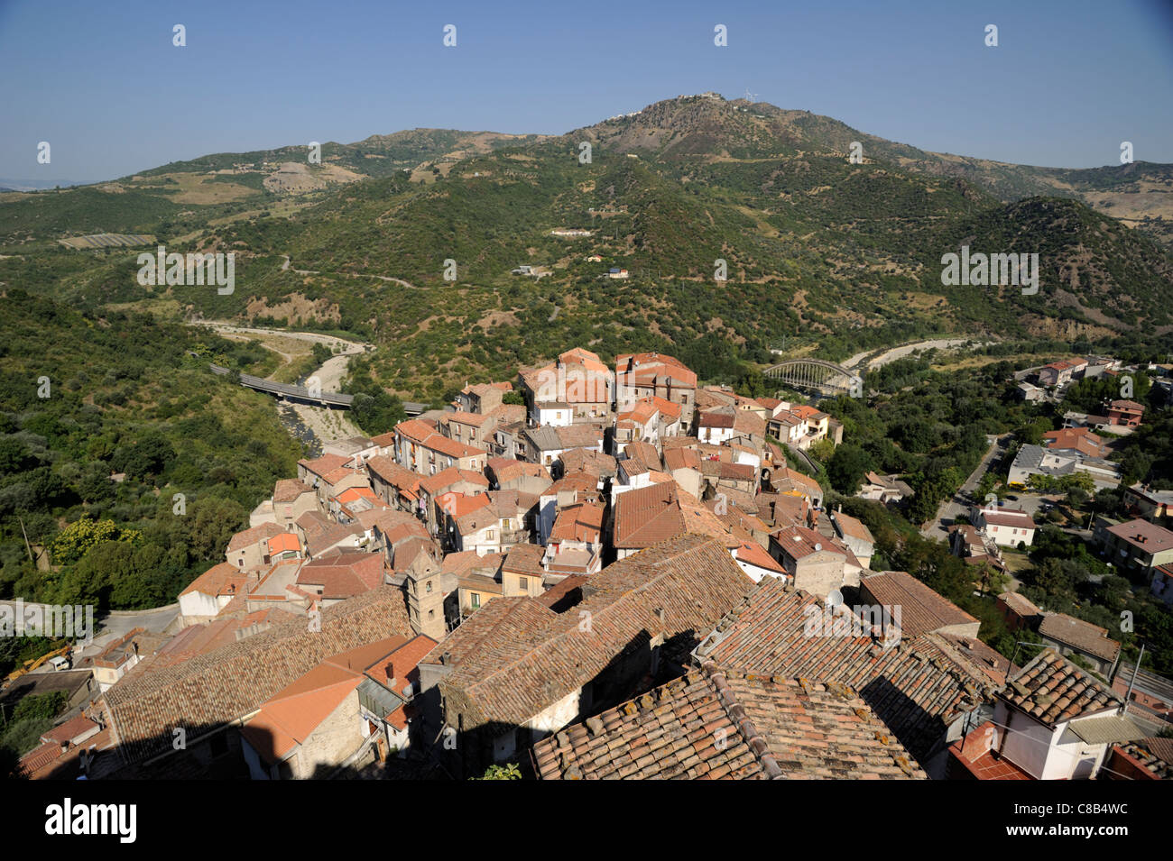 Italy, Basilicata, Valsinni, village and Sinni river valley Stock Photo ...