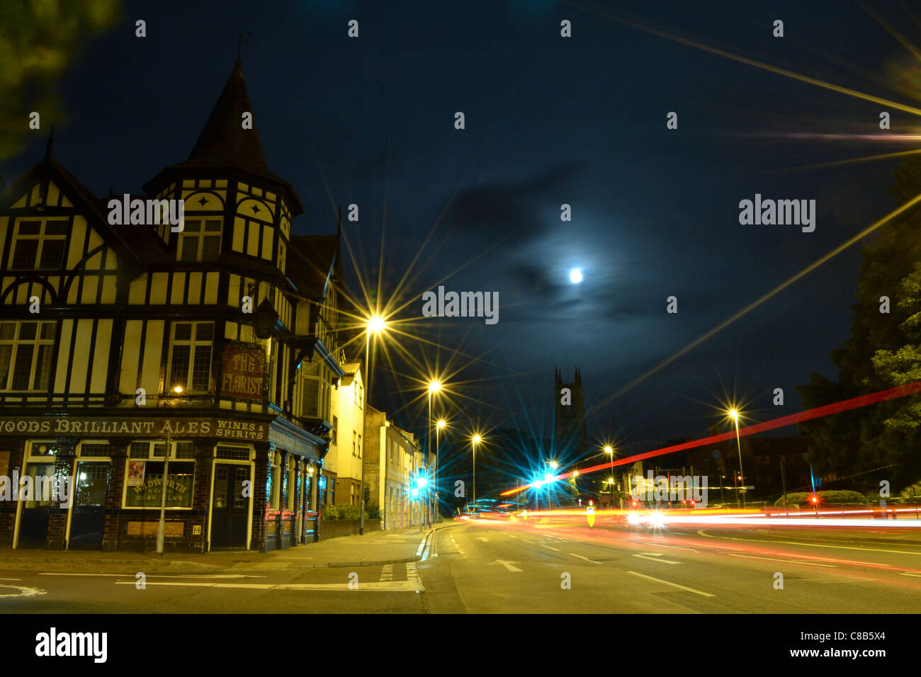 Light traces from passing cars illuminate this moonlit scene in front ...
