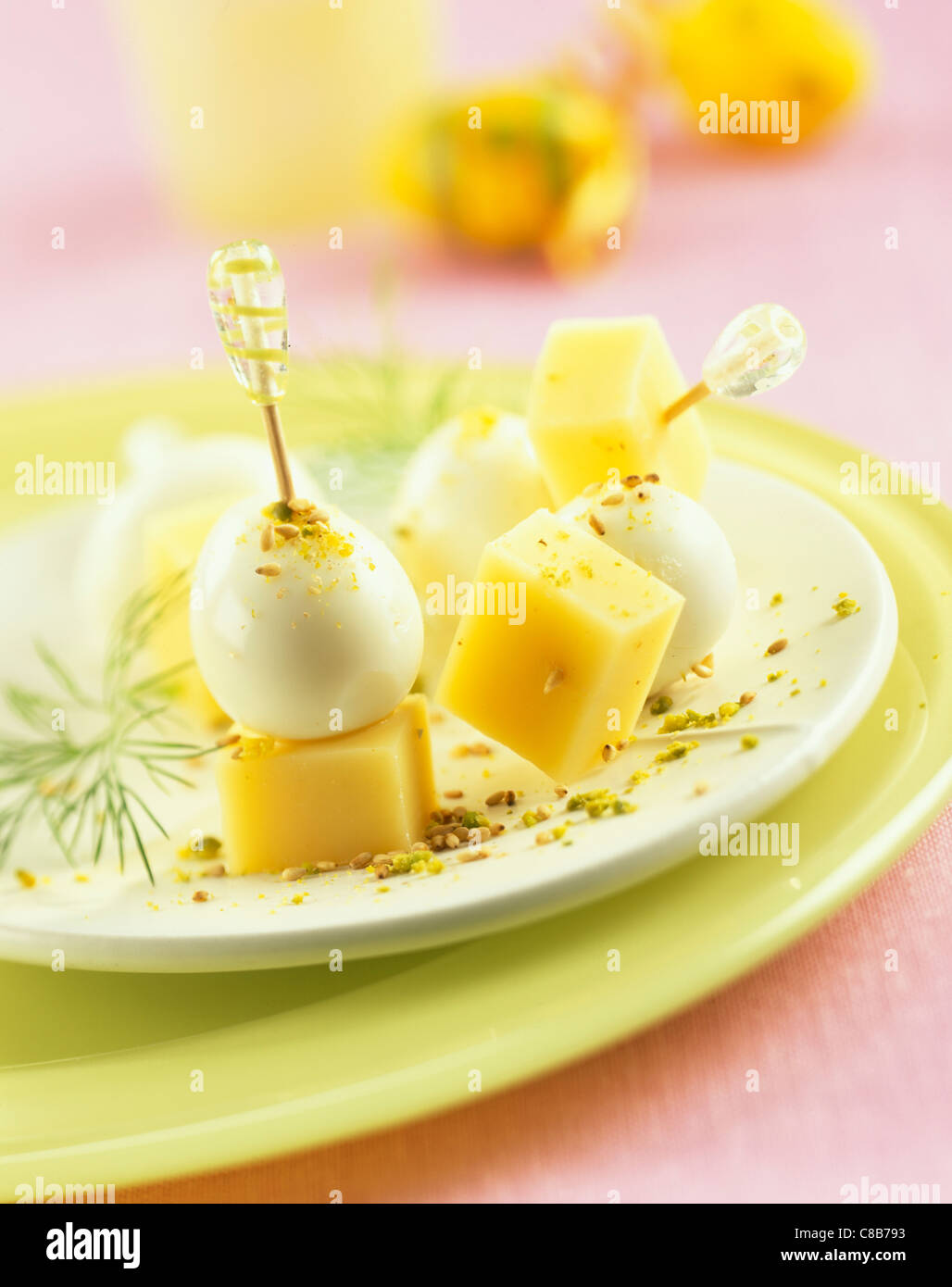 Quail egg and Emmental kebabs Stock Photo - Alamy