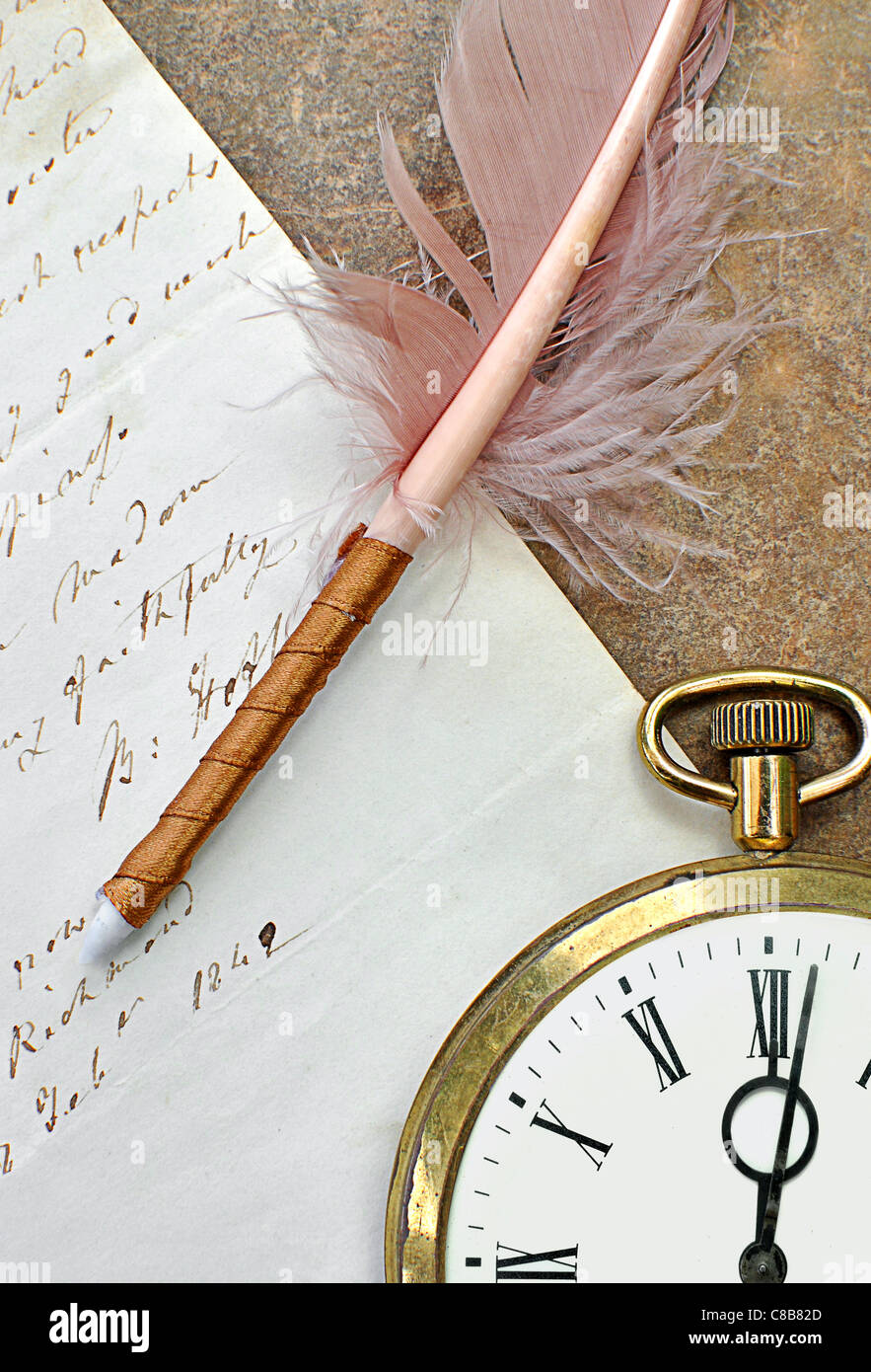Still life of a vintage clock with an old handwritten letter Stock ...