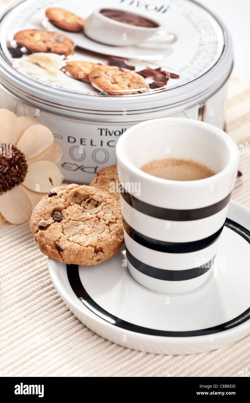 Chocolate chip biscuits and espresso coffee Stock Photo - Alamy