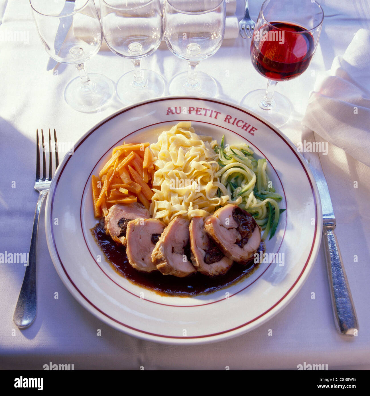saddle of young rabbit with plums and fresh pasta Stock Photo - Alamy