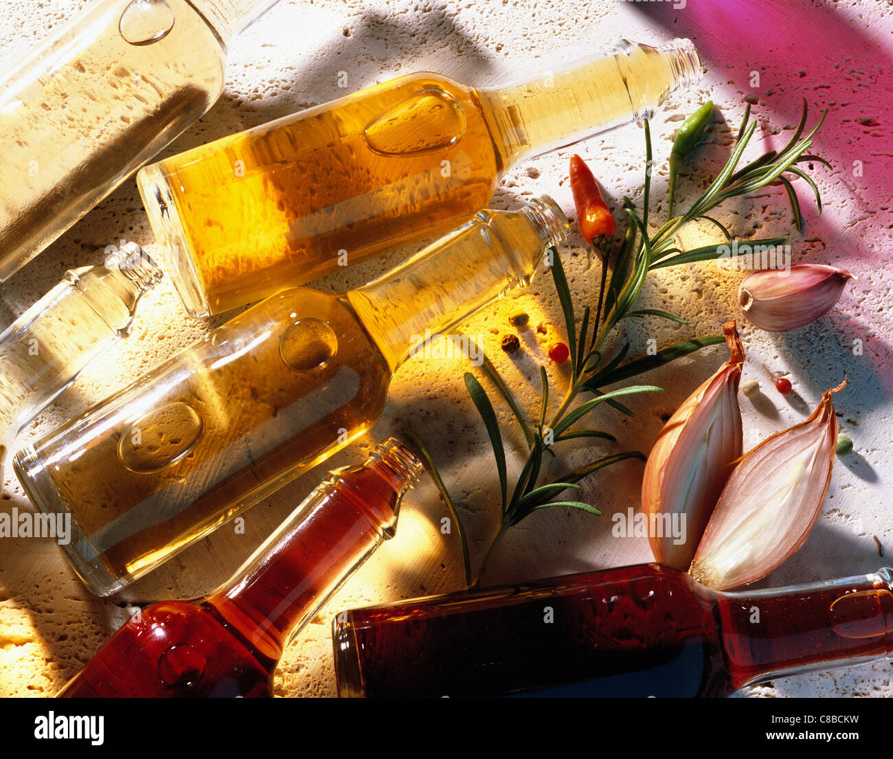 Condiments, selection of oils and vinegars Stock Photo - Alamy