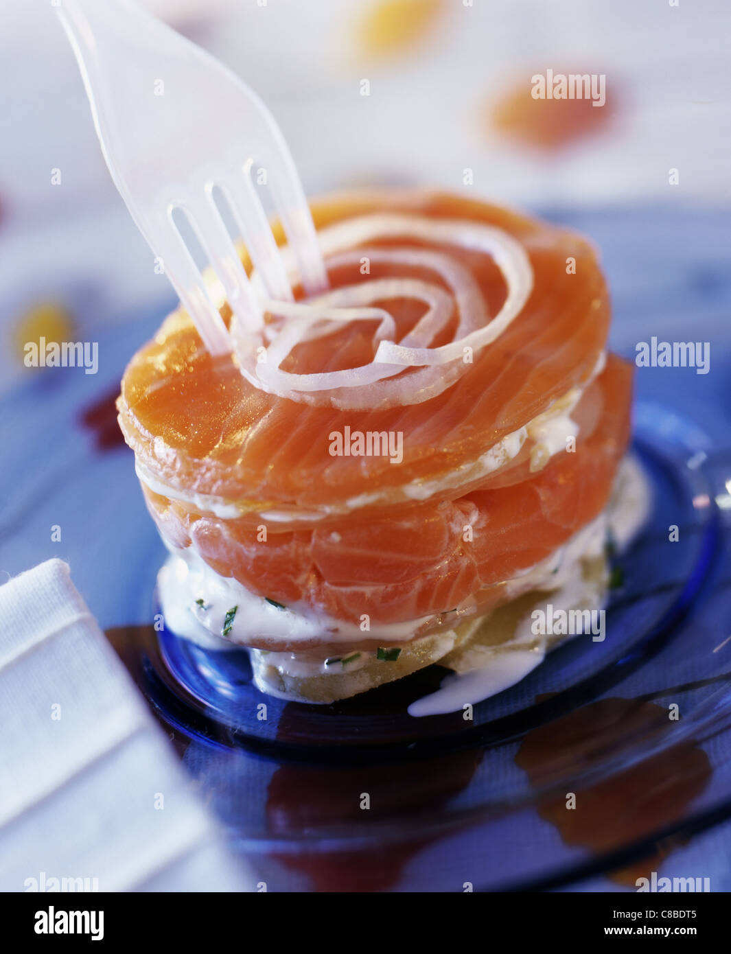 two salmon layered potato cake Stock Photo - Alamy