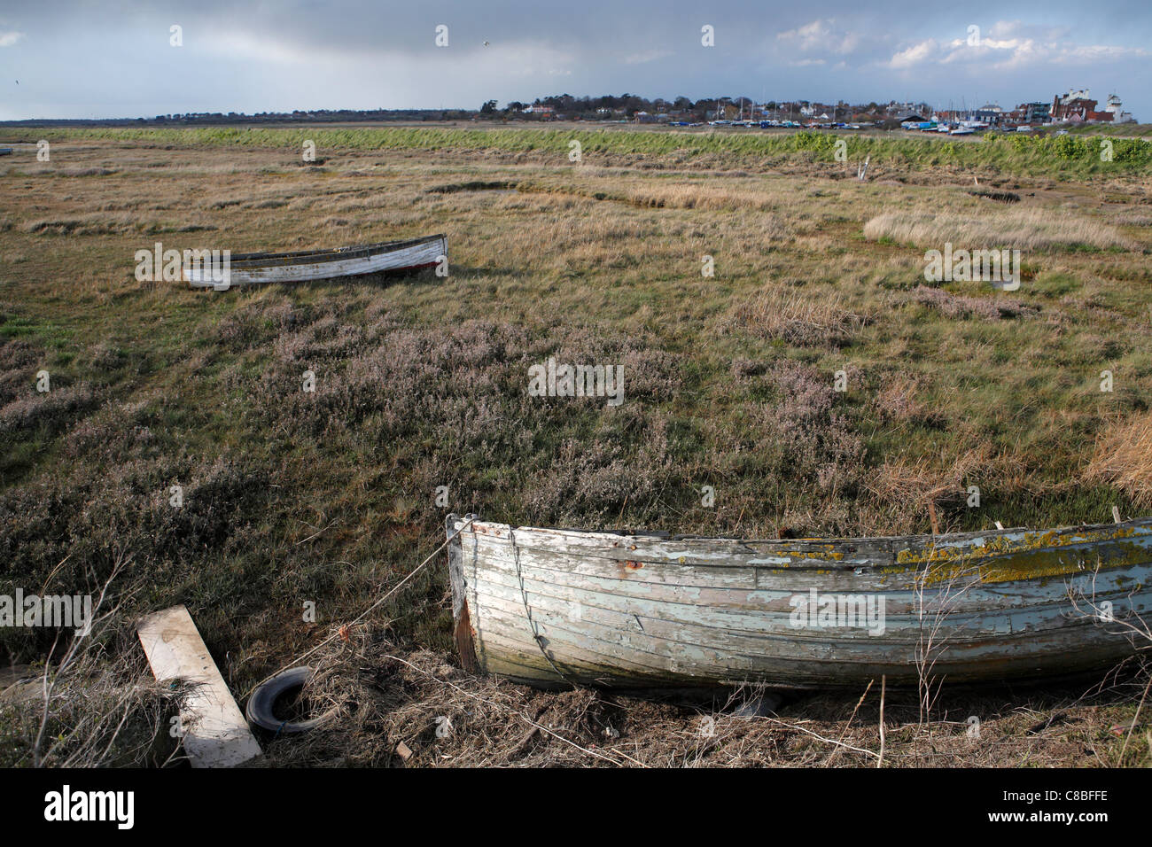 Abandoned clinker built boats in the saltings Slaughden Quay, Suffolk ...