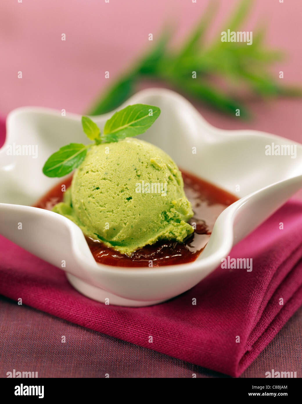 avocado and basil ice cream on tomato coulis Stock Photo - Alamy