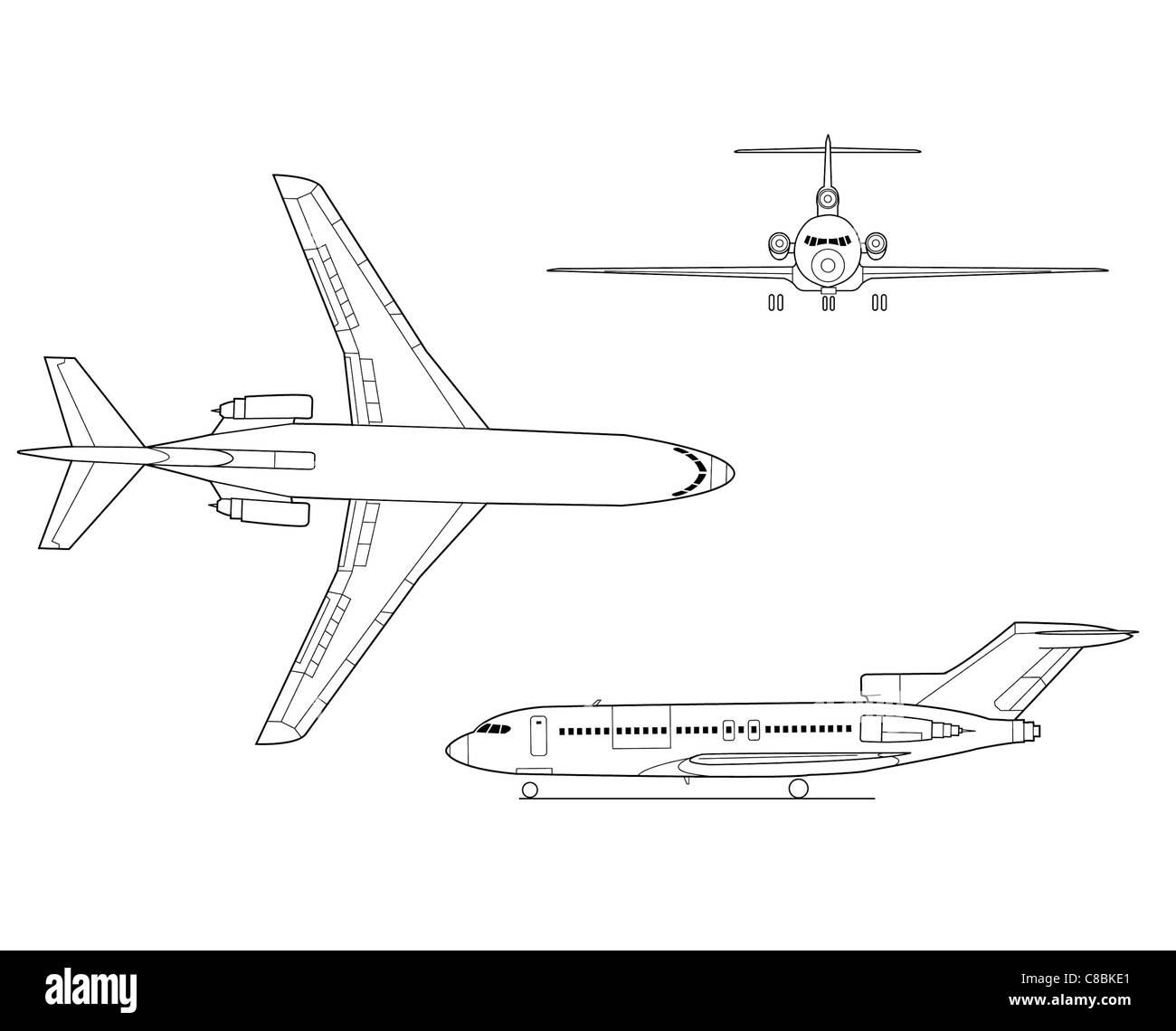 This line art drawing provides three views of the Boeing 727, a classic ...