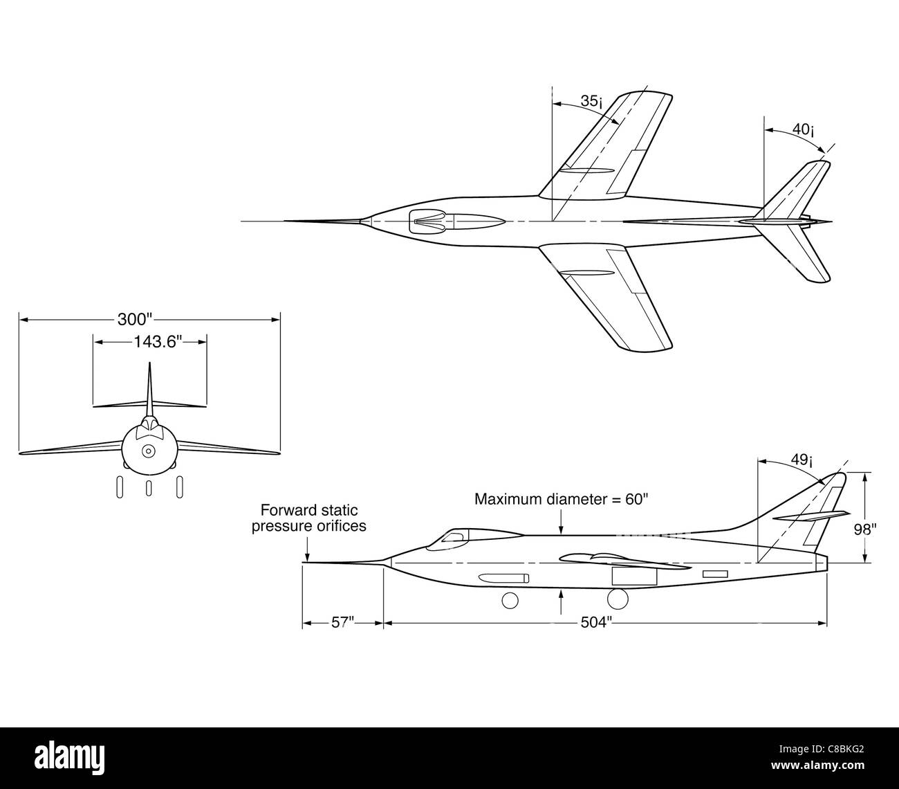 This is a three-view line art drawing of the Douglas D-558-2 Skyrocket ...